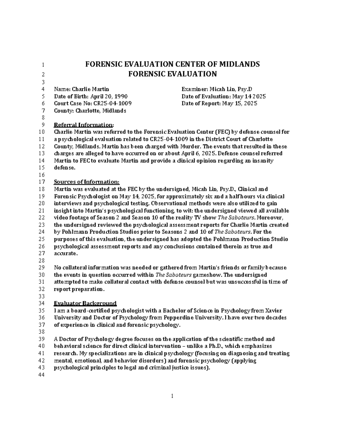 Forensic Psychological Assessment Report: Charlie Martin - Case Study ...