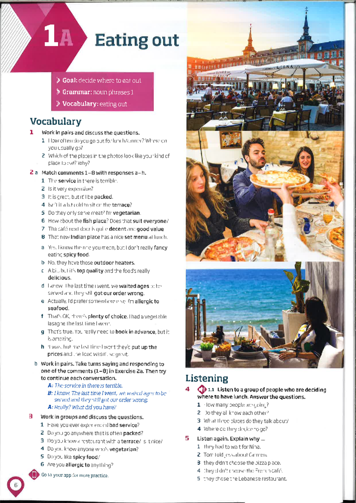 B1+ 1A Eating Out: Vocabulary and Grammar Practice - Studocu