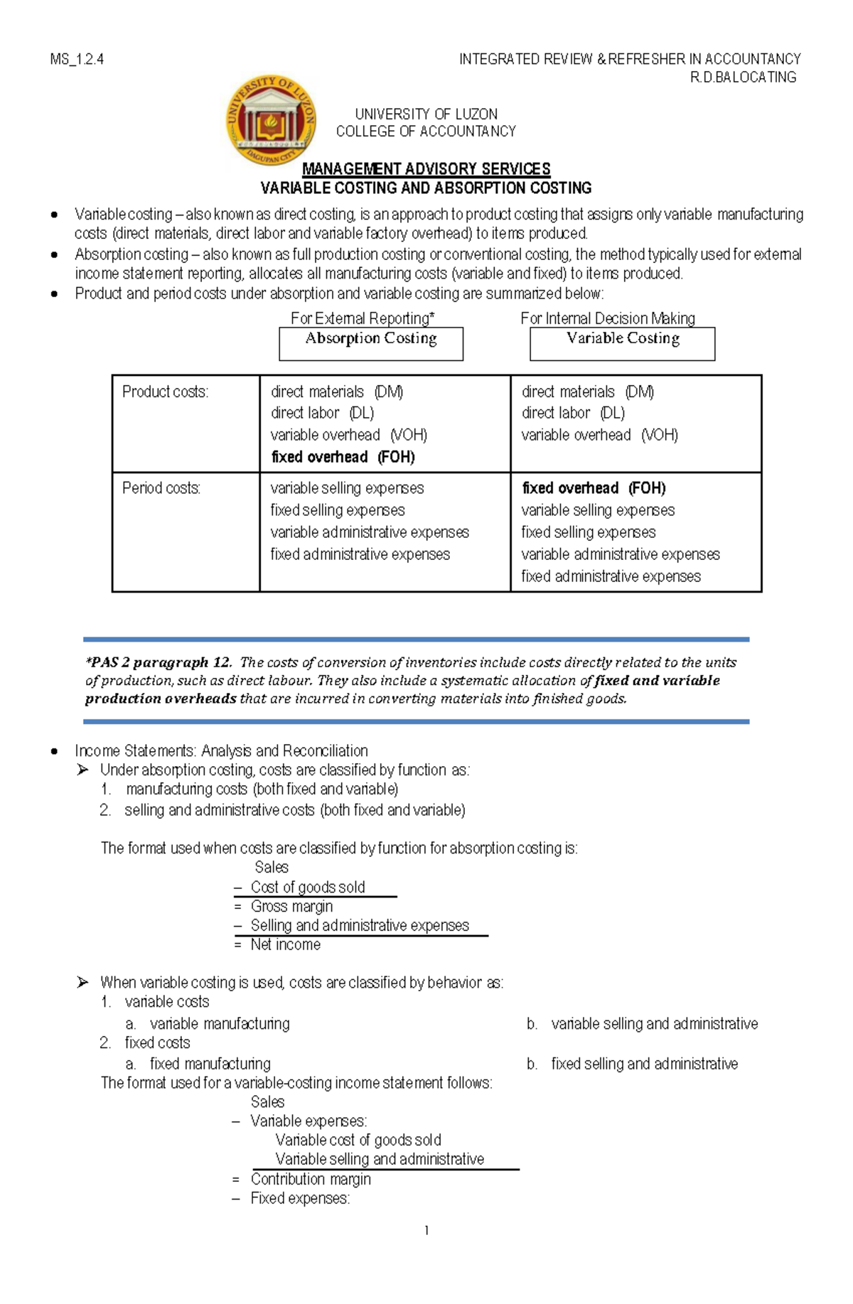MS_1.2 Variable vs. Absorption Costing Review and Analysis - Studocu