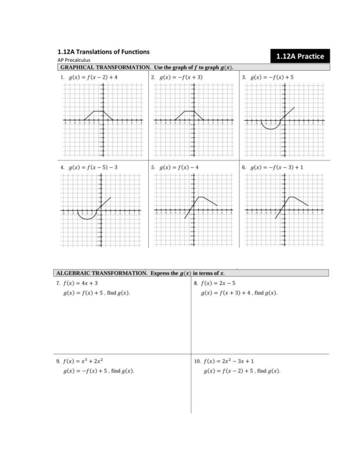 1.12A Practice: Graphical & Algebraic Transformations in AP Precalculus ...