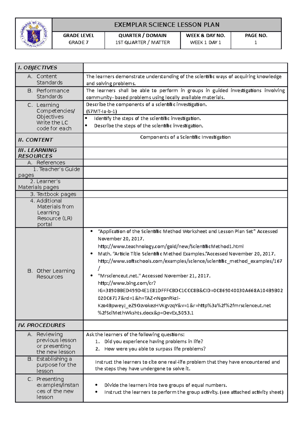 G7 Q1 W1 D1 - Components of Scientific Investigation Lesson Plan - Studocu