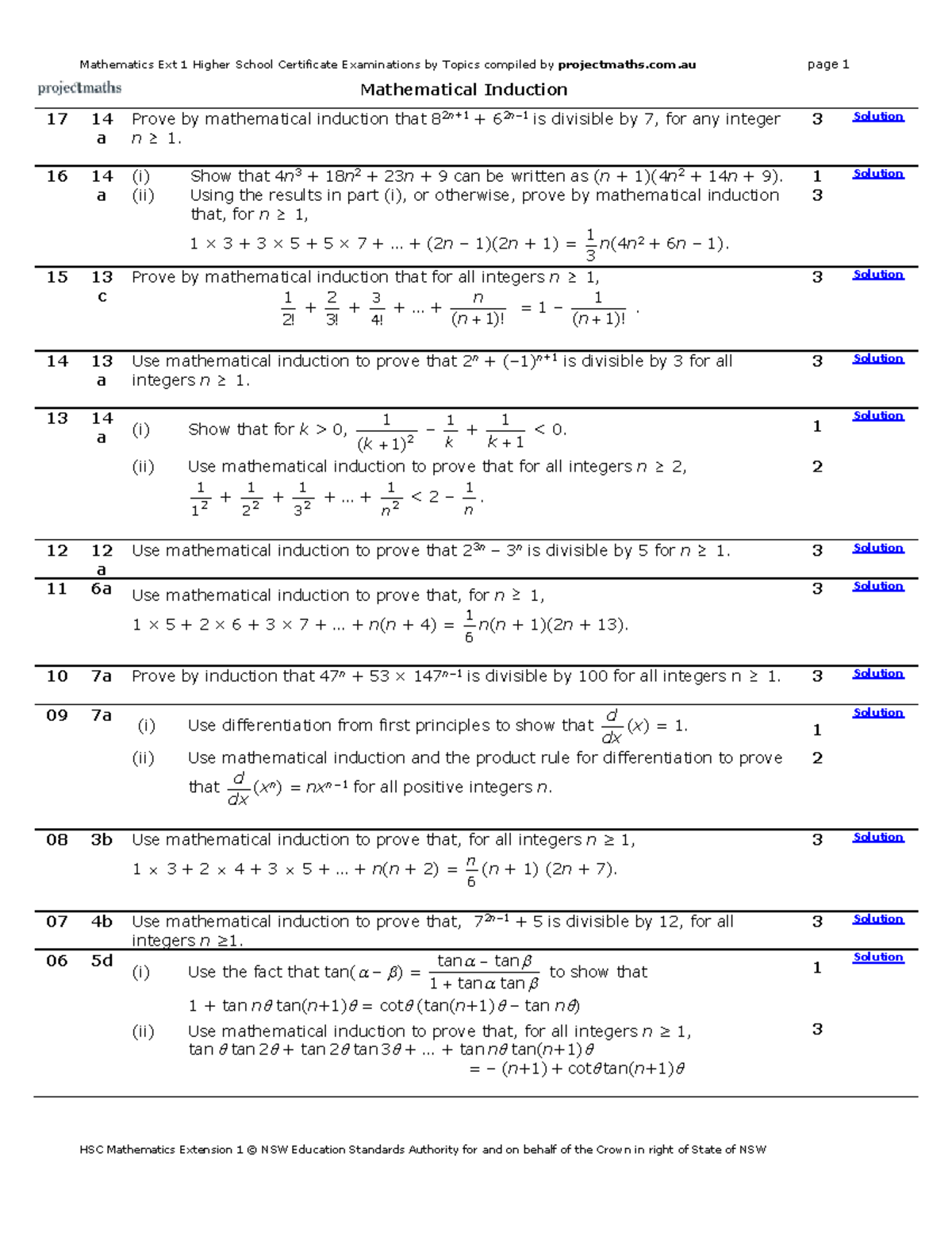 Mathematics Ext 1 HSC Exam Notes: Mathematical Induction (2005-2017 ...