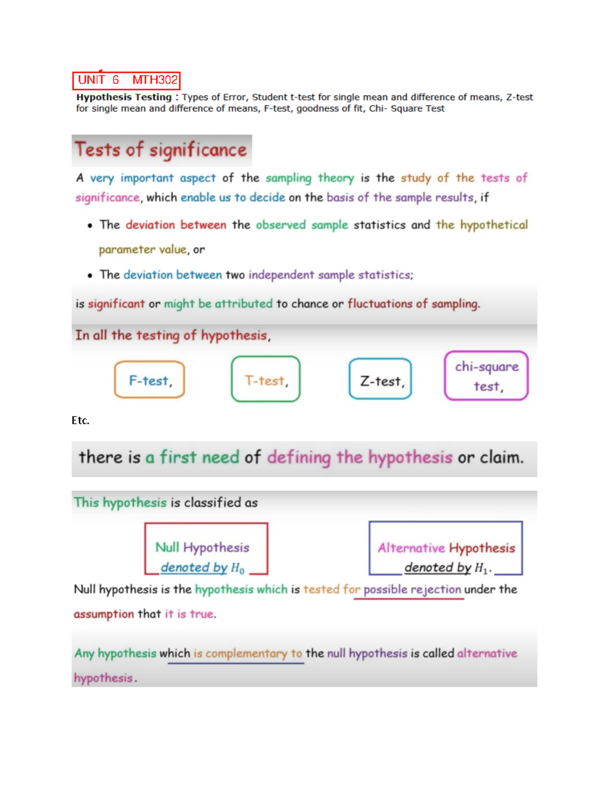 Hypothesis Testing Concepts and Examples - MTH302 Unit 6 - Studocu