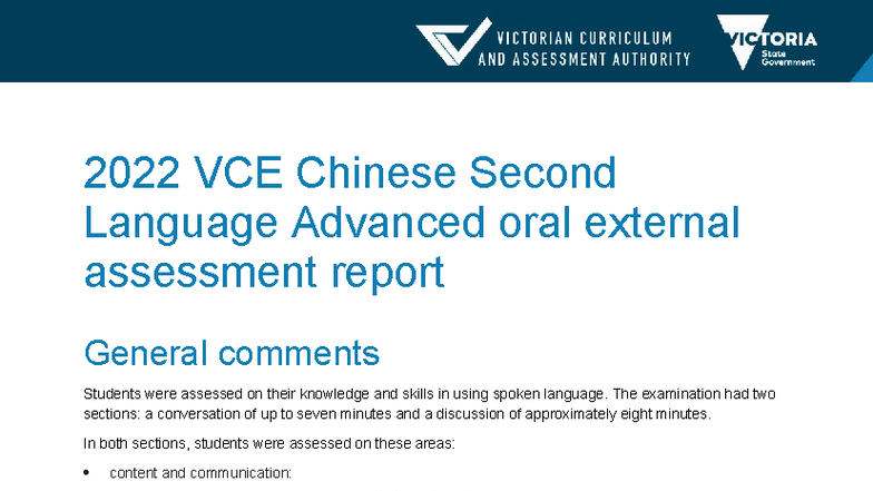 2022 VCE Chinese SLA Advanced Oral Assessment Report Insights - Studocu