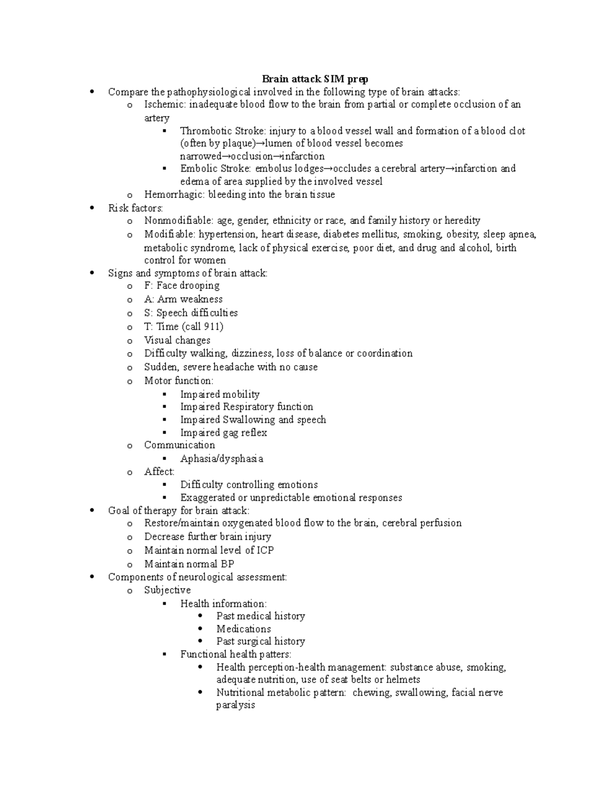 SIM Prep: Brain Attack Management & Pathophysiology Overview - Studocu