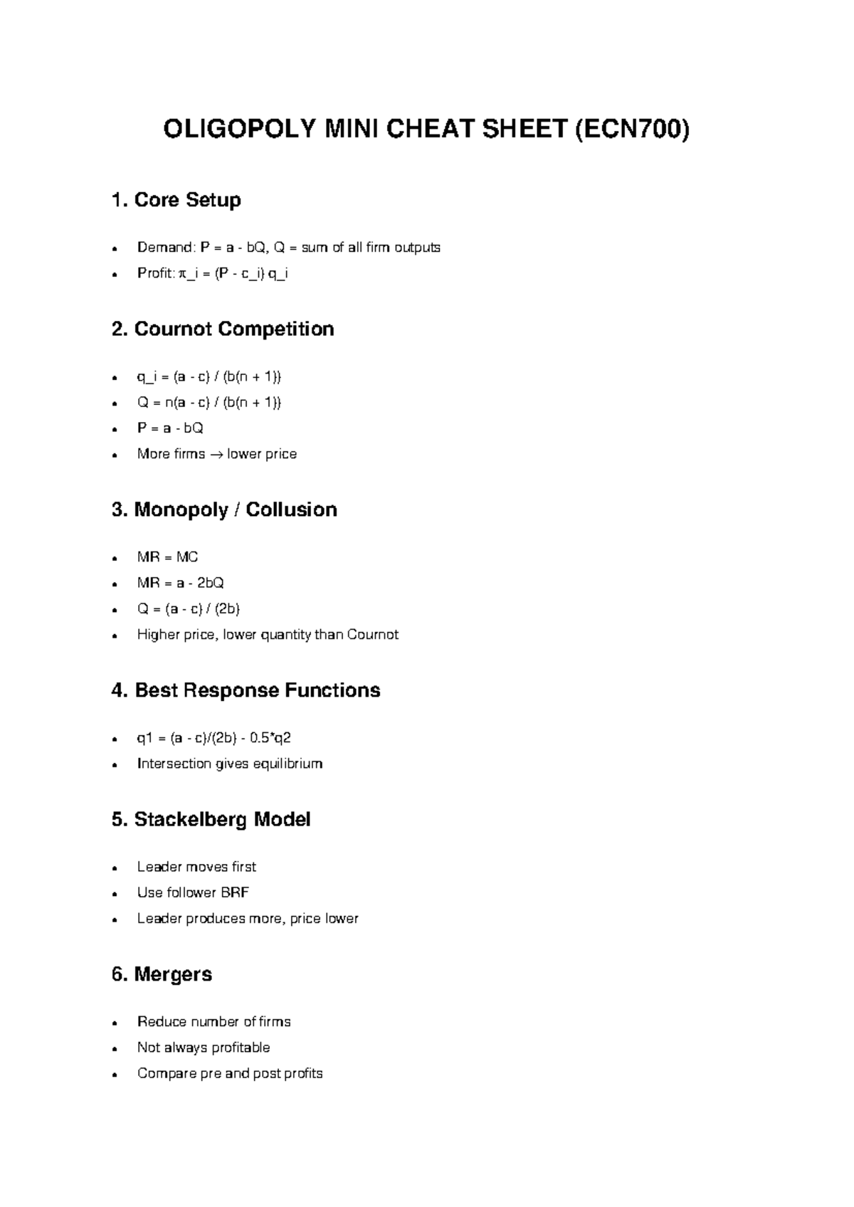Oligopoly Mini Cheat Sheet Overview (ECN700) - Studocu