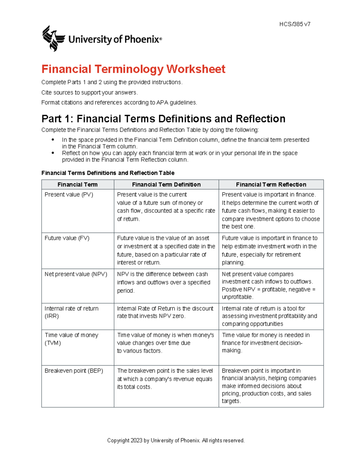 Financial Terminology Worksheet: Definitions & Reflections (v7) - Studocu