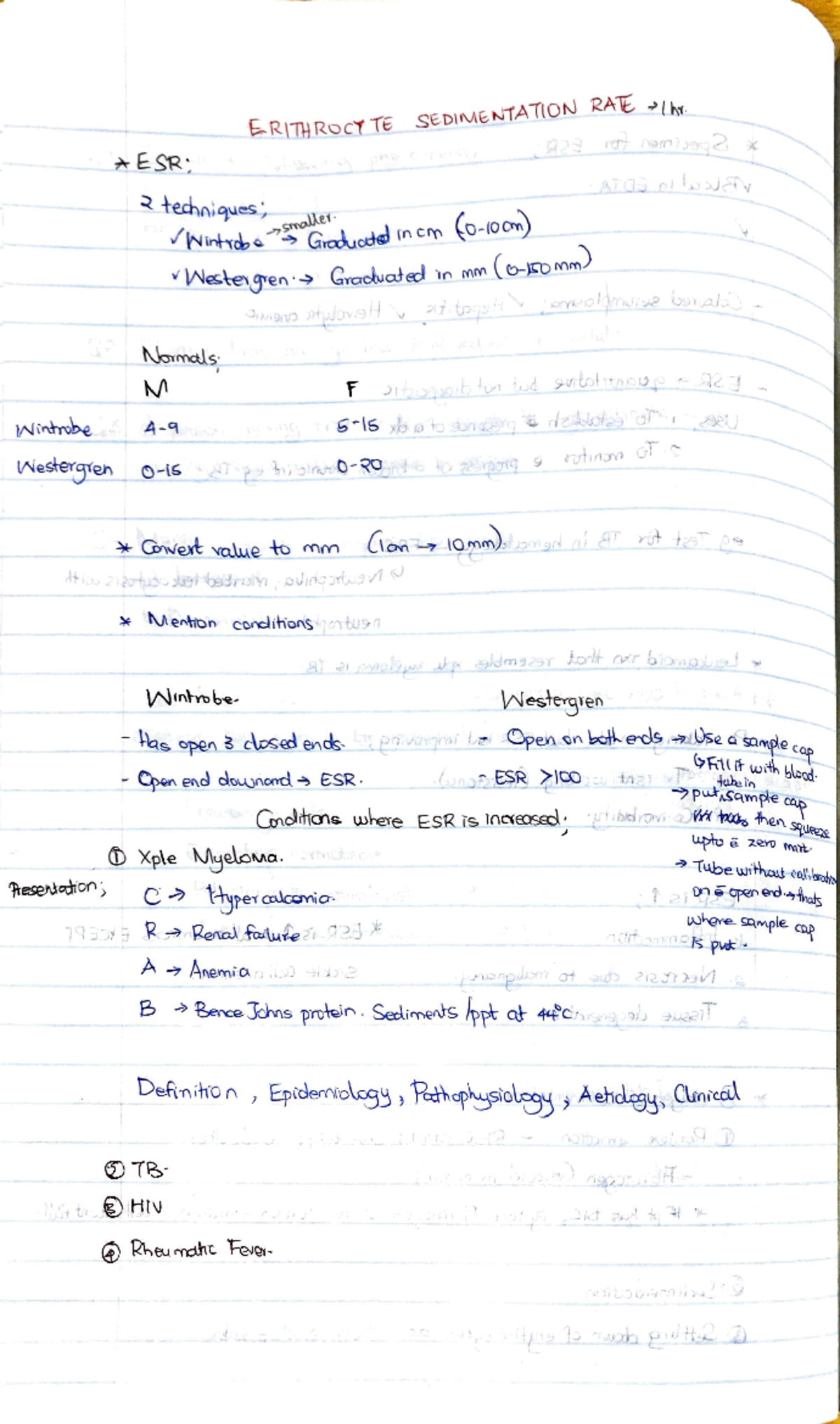 Hematology clerkship - SEDIMENTATION RATE 1hr. ERITHROCYTE 2 ESR: t e ...