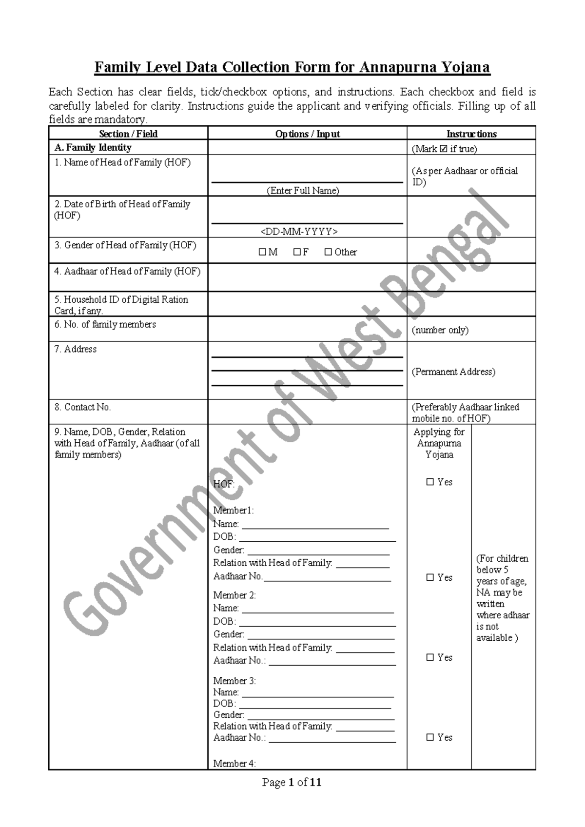 Family Level Data Collection Form for Annapurna Yojana - Studocu