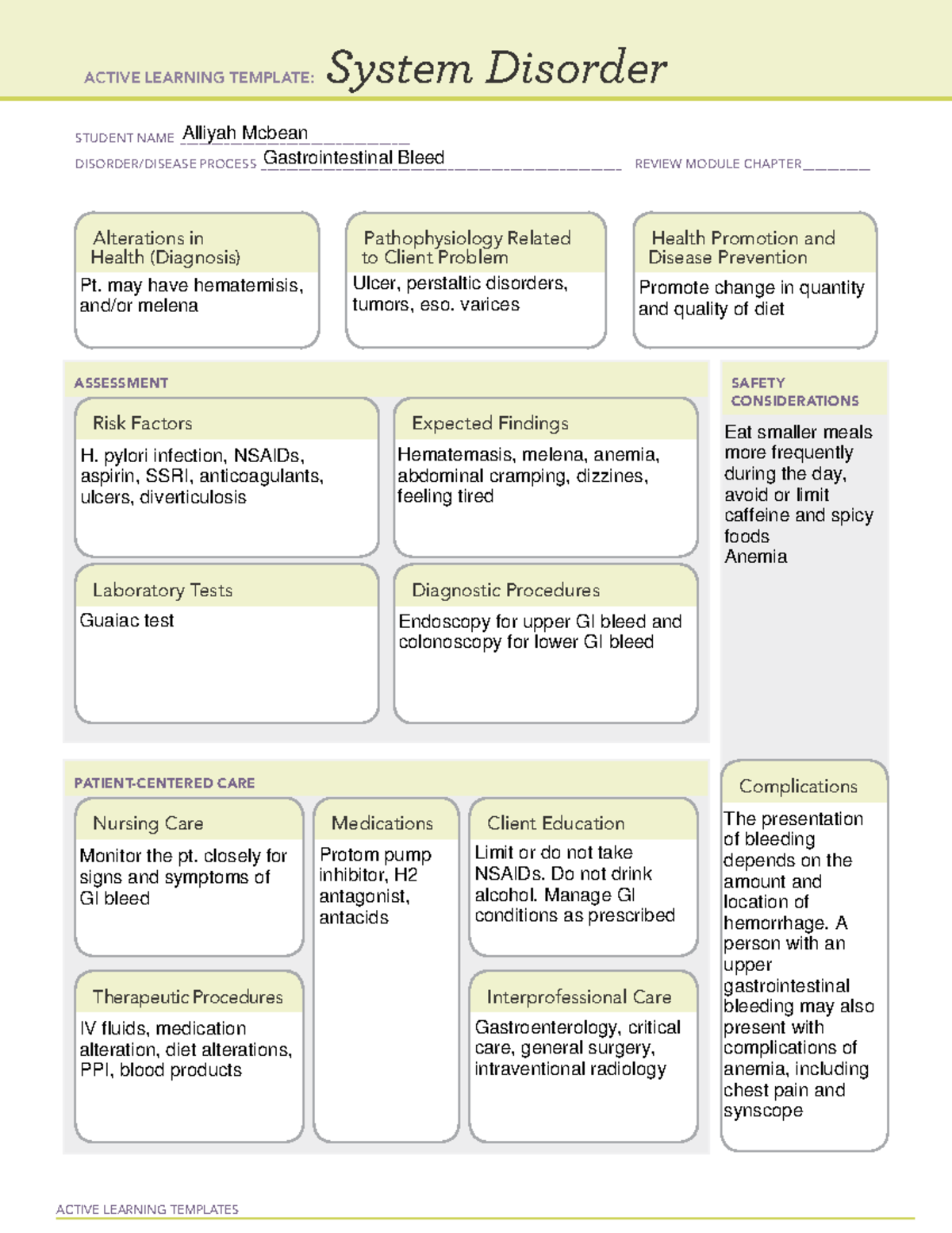 System Disorder: Active Learning Template on GI Bleed Management - Studocu