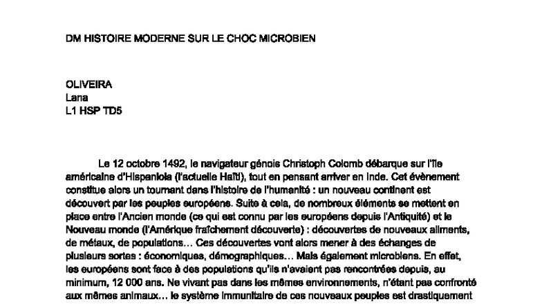 DM HISTOIRE MODERNE : Le Choc Microbien et ses Conséquences - Studocu