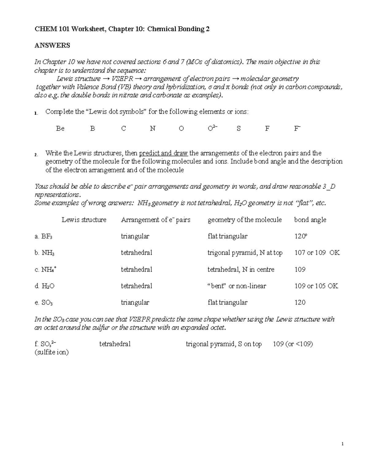 CHEM 101 Worksheet Ch. 10 Answers: Chemical Bonding Insights - Studocu