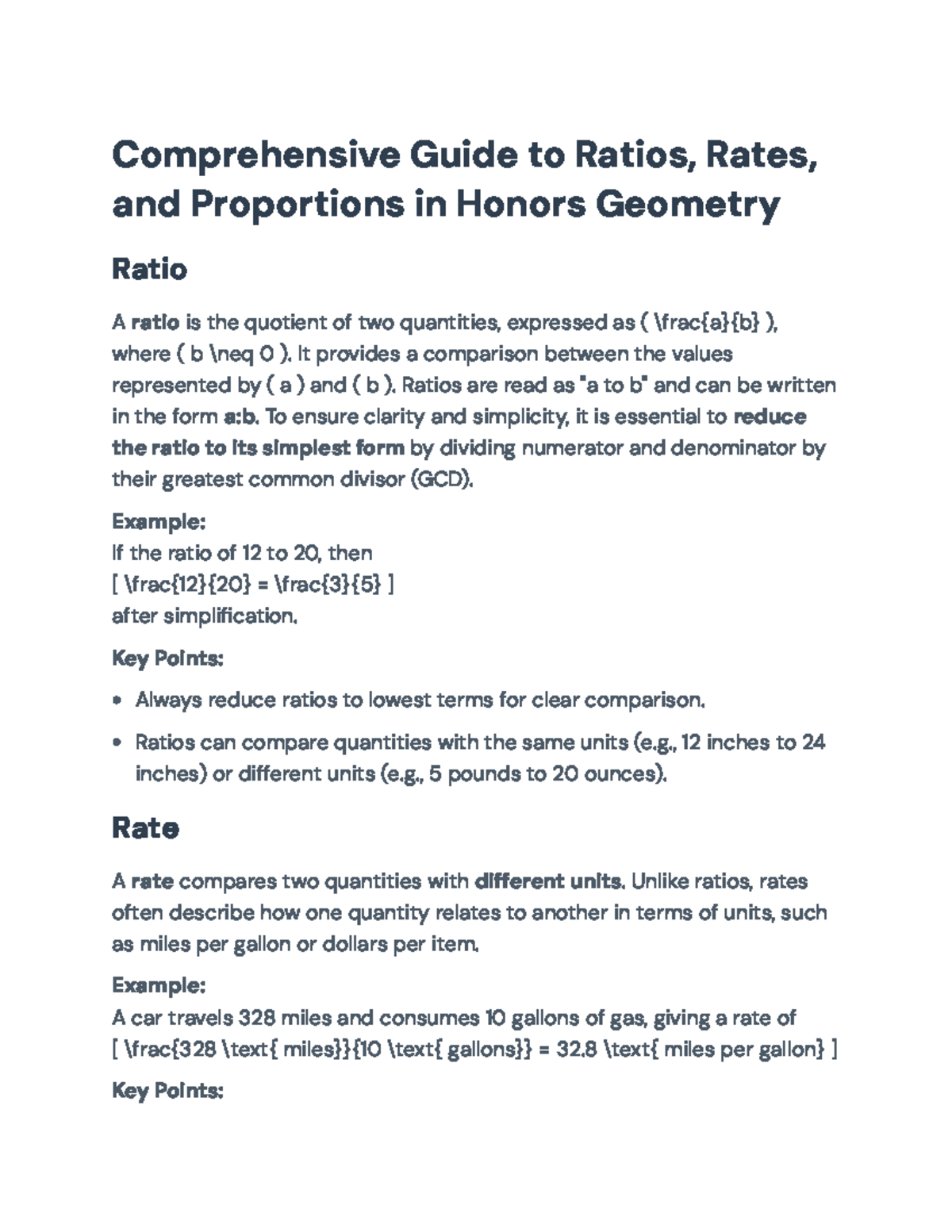 Honors Geometry: Comprehensive Guide to Ratios, Rates, & Proportions ...