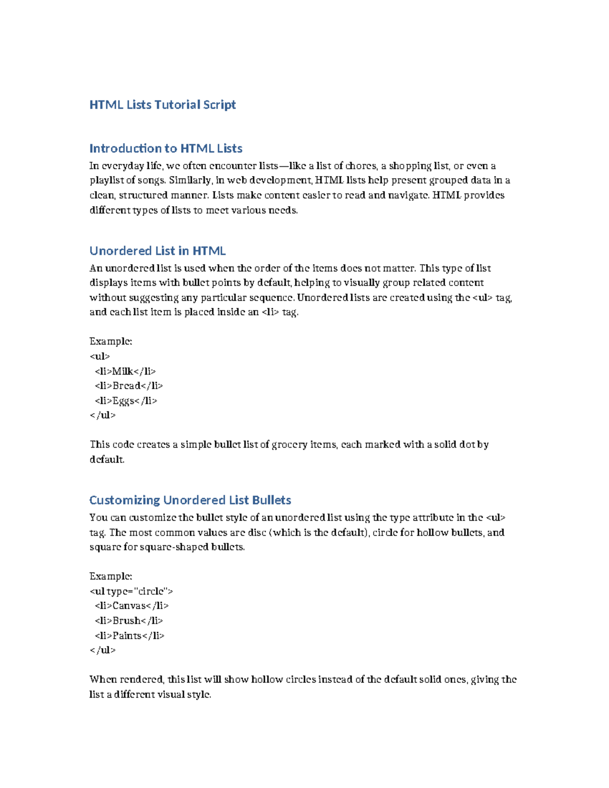 HTML Lists Tutorial - Comprehensive Guide to HTML Lists - Studocu