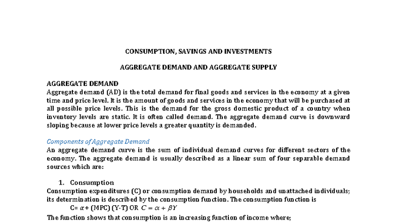 Aggregate Demand & Supply: Class Notes on AD, Savings & Investments ...