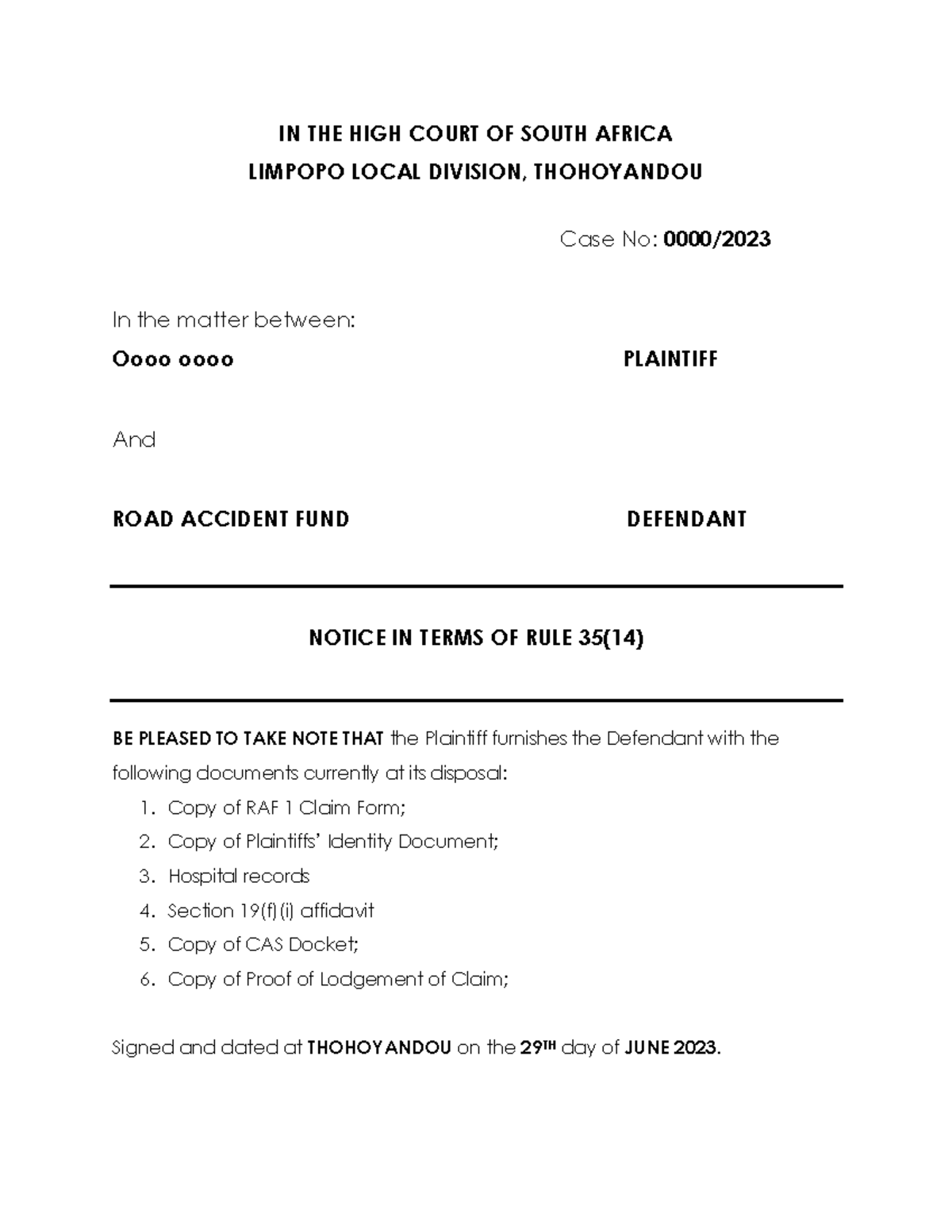 Notice Rule 35(14) Compliance - MM259 - High Court of S.A. - Studocu