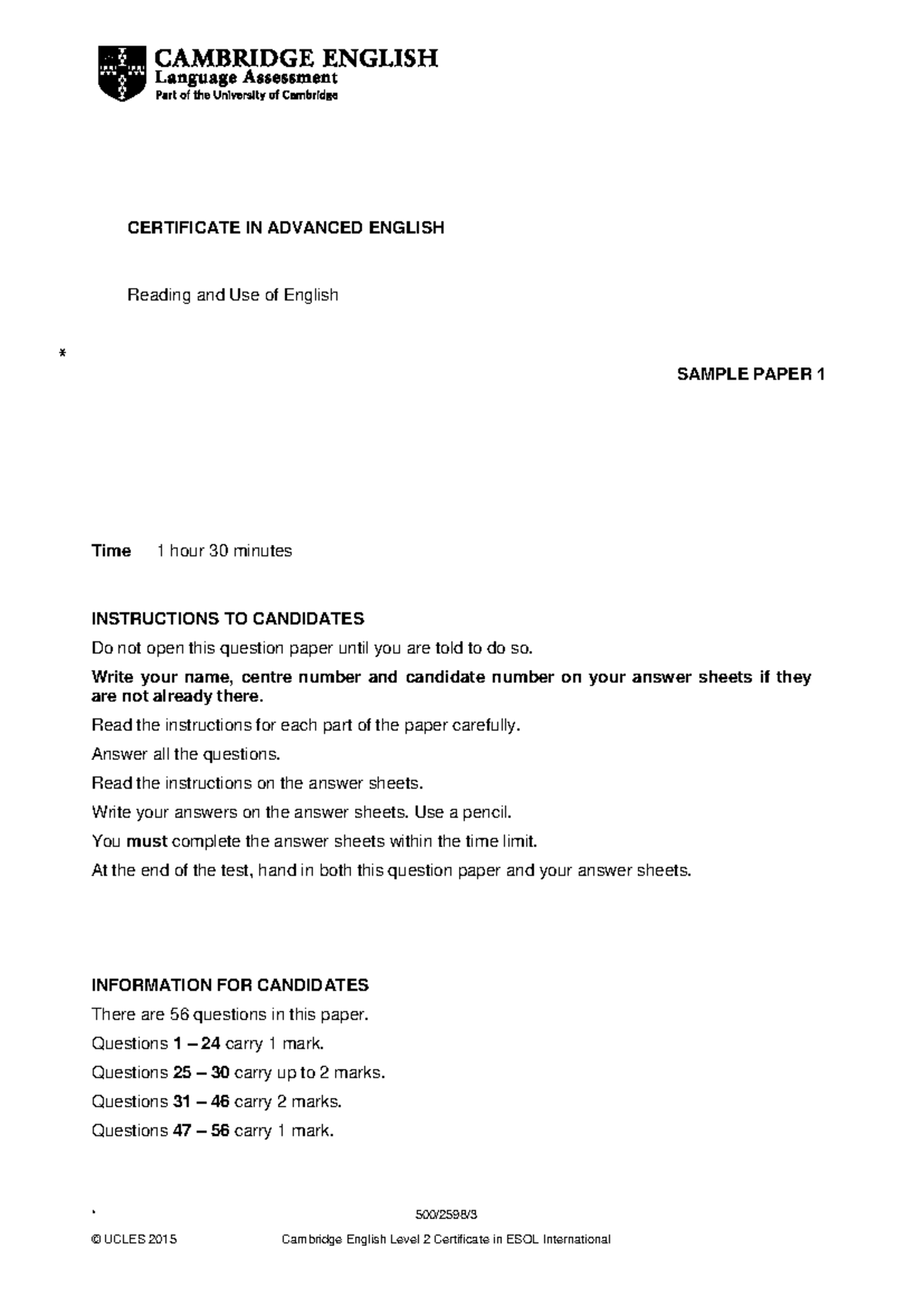 CERTIFICATE IN ADVANCED ENGLISH Reading and Use of English SAMPLE PAPER ...