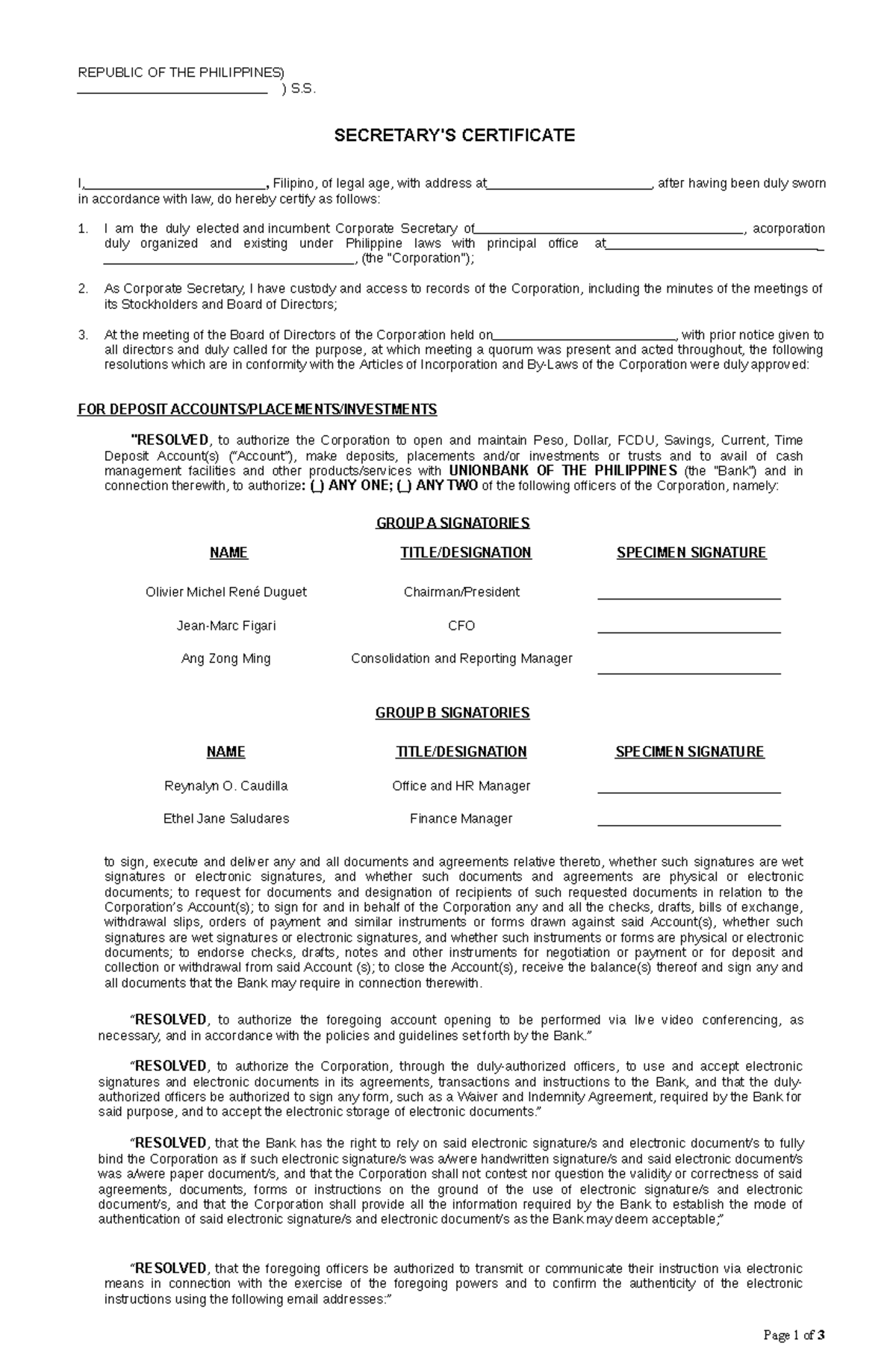 Secretary's Certificate with Attestation by President - TMP-LG-13 - Studocu