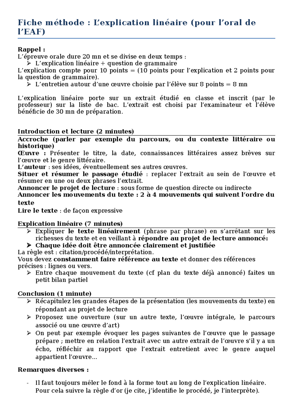 Méthode d'Explication Linéaire Complète pour l'EAF - Préparation Oral - Studocu