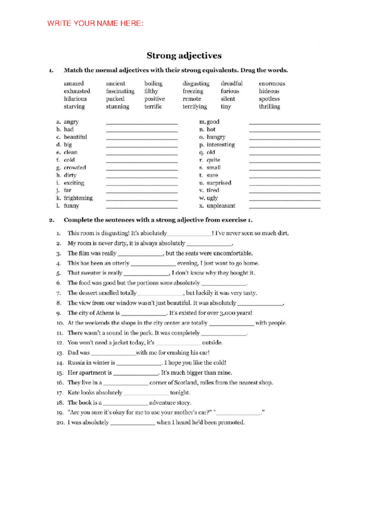 Strong Adjectives Exercise - Matching and Sentence Completion - Studocu