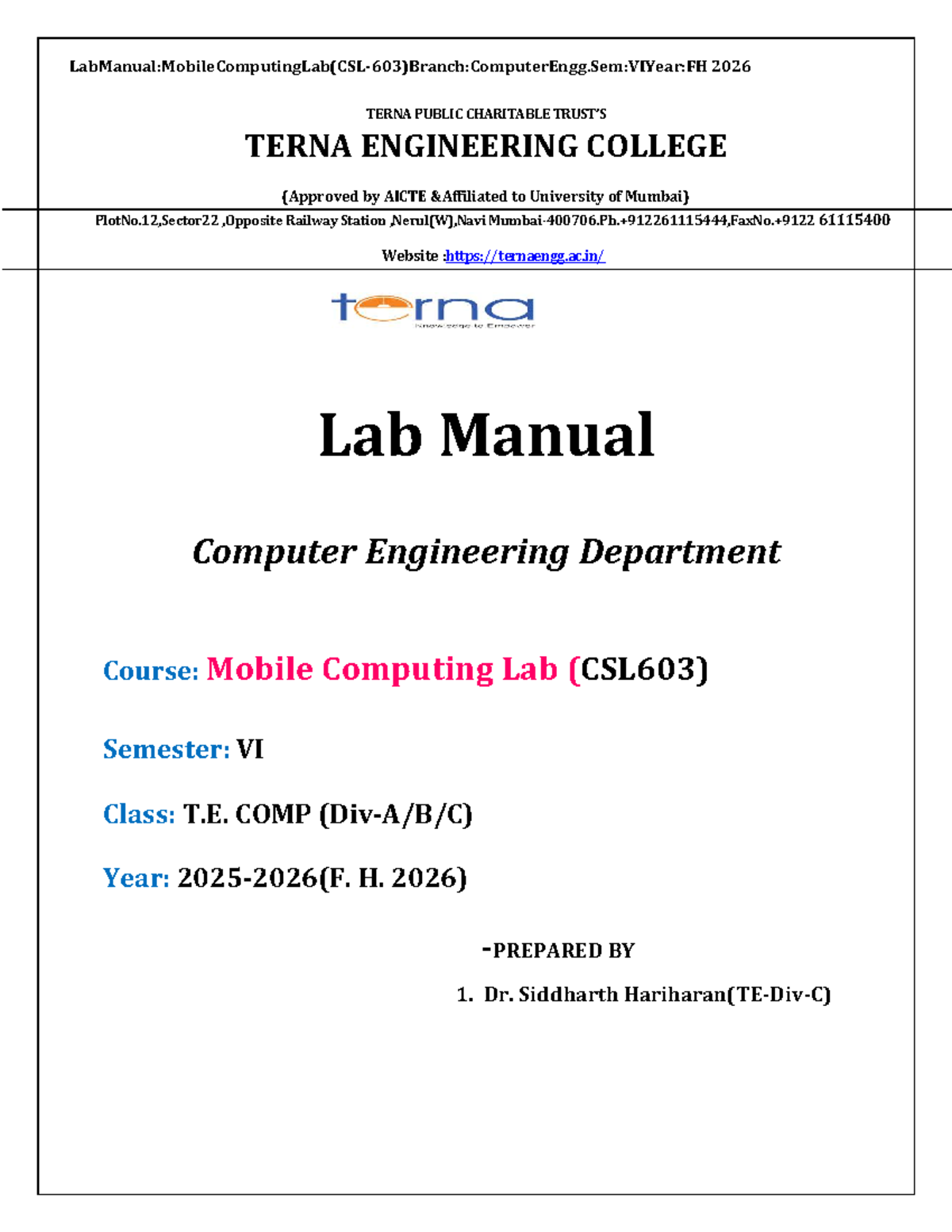 Mobile Computing Lab Manual (CSL603) - Terna Engineering College 2026 ...