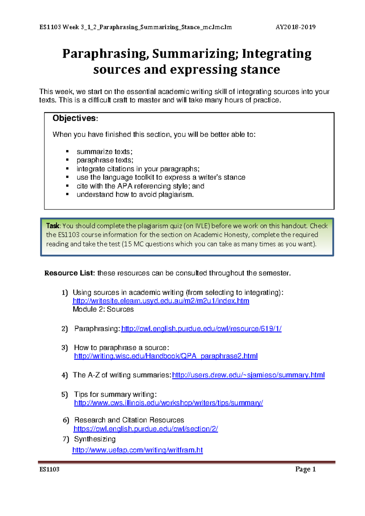 ES1103 Week 3 1 2 Paraphrasing Summarising Stance - Paraphrasing ...
