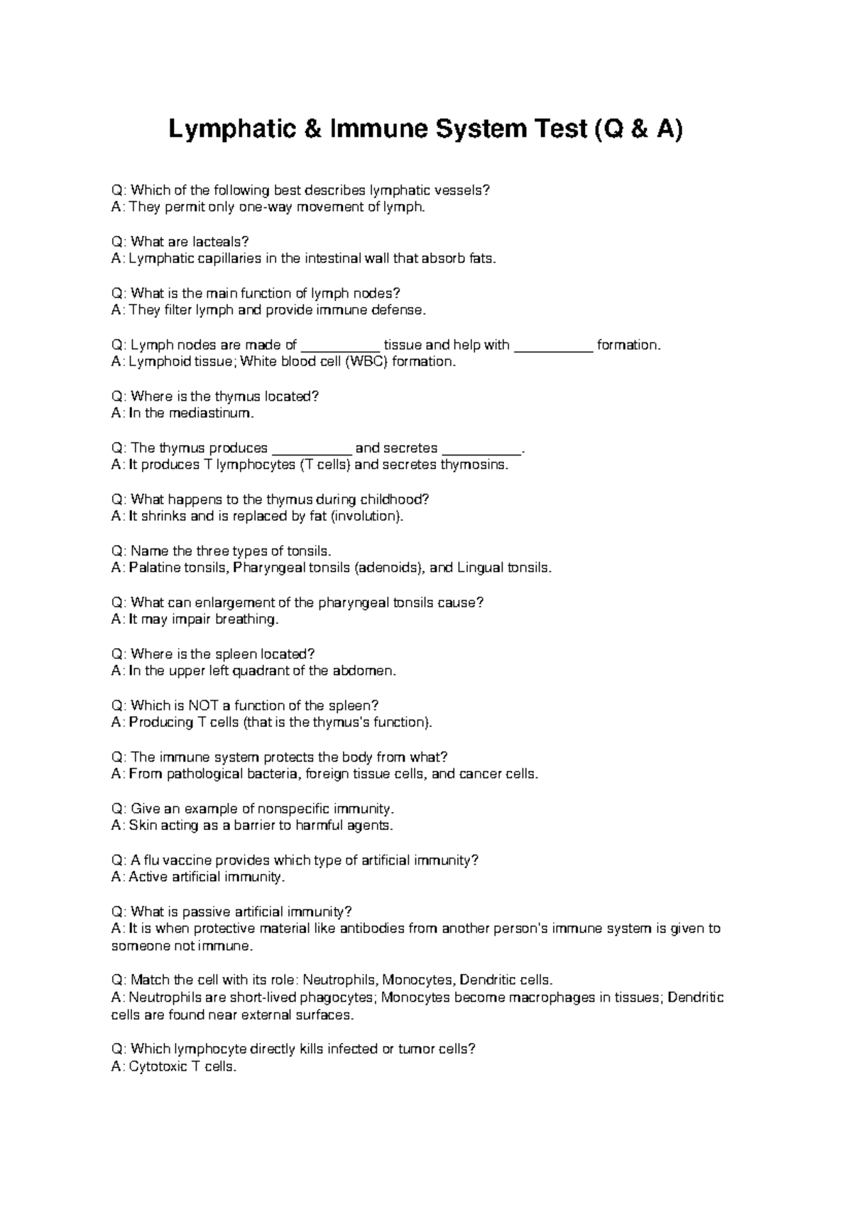 Lymphatic Immune System Test (BIOL 101) Q&A Notes - Studocu