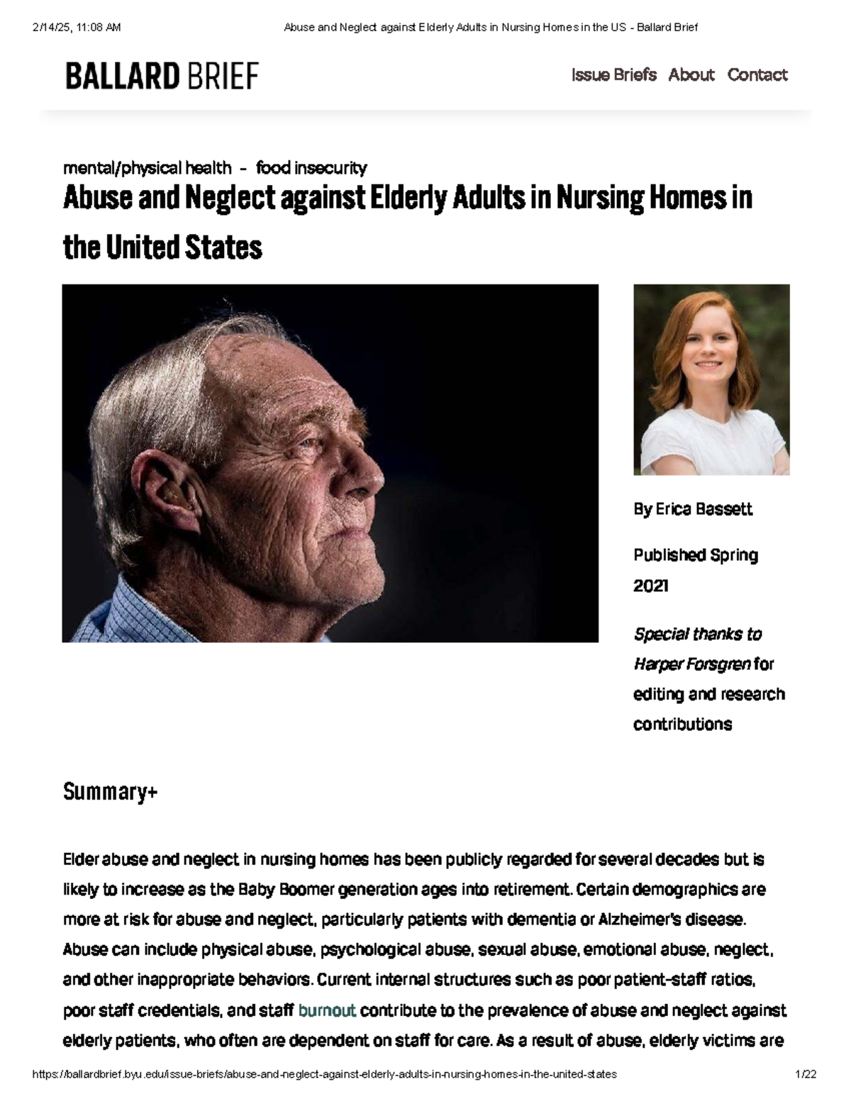 Abuse and Neglect of Elderly Adults in US Nursing Homes - Ballard Brief ...