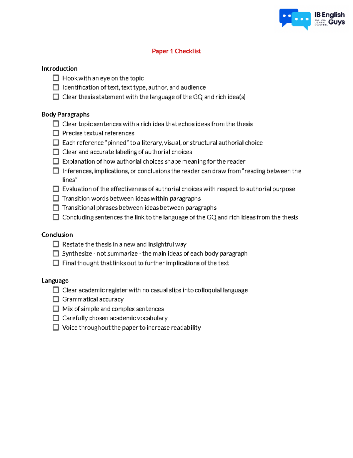ENG 101 Paper 1 Checklist: Structuring Your Argument Effectively - Studocu