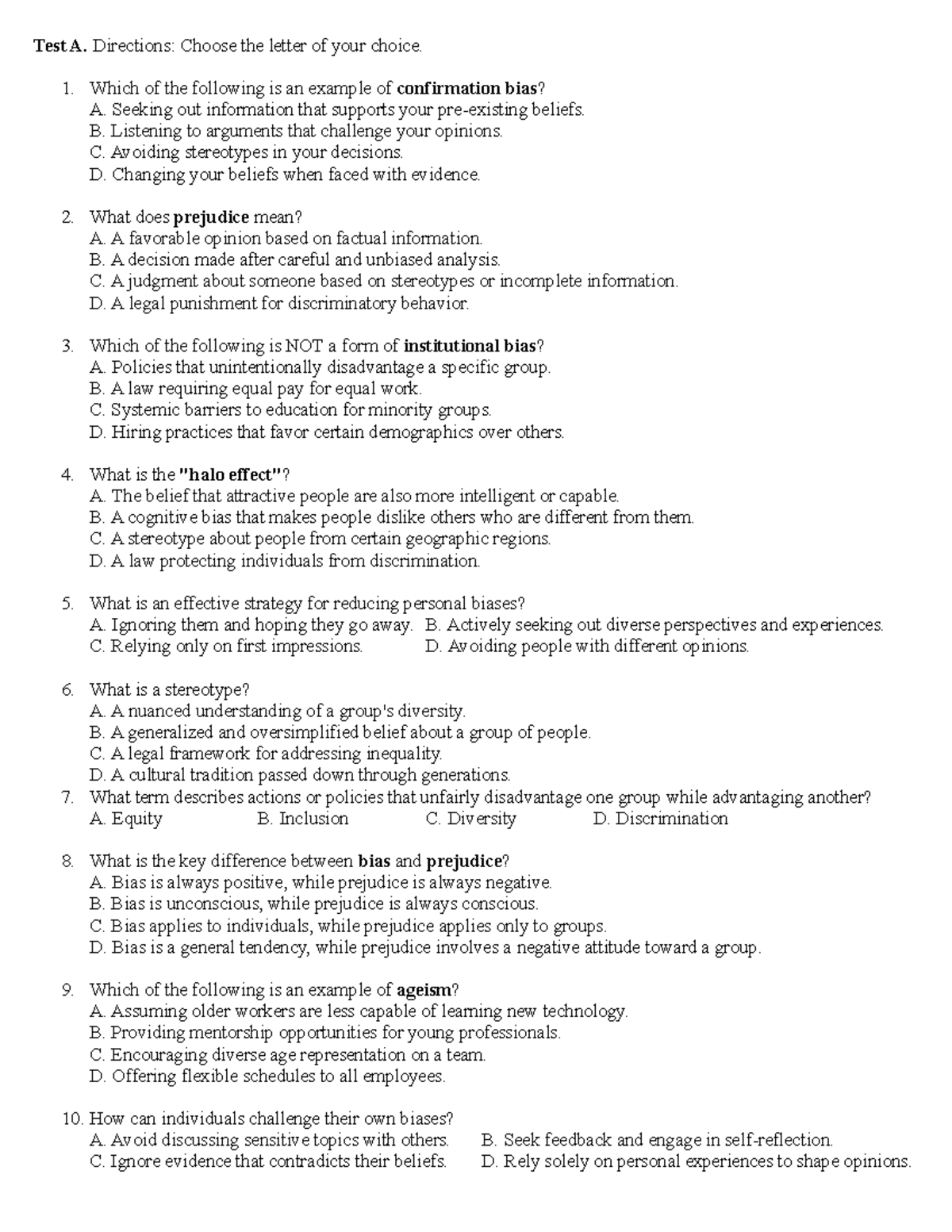 Bias and Prejudice Worksheet: Tests A, B, & C Review Guide - Studocu