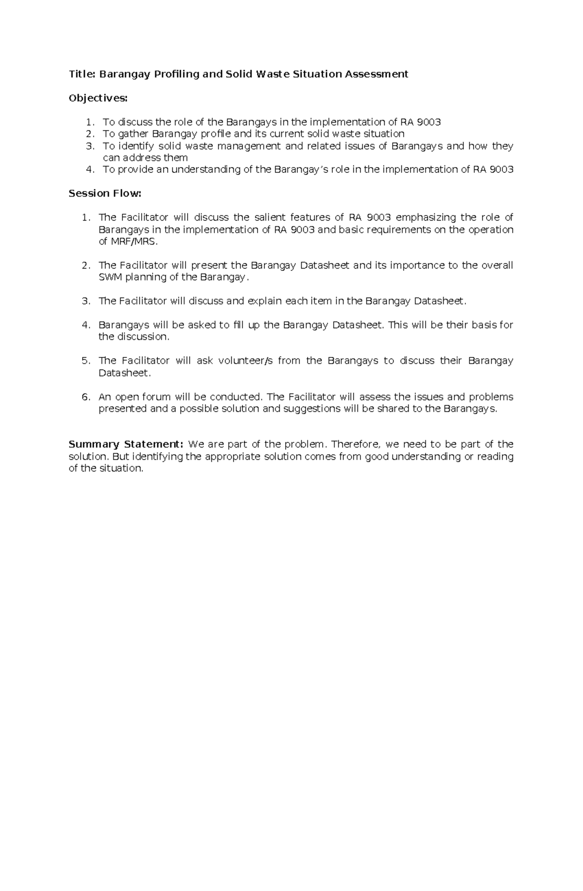 Module-SWM- Barangay Profiling & Solid Waste Assessment - Studocu