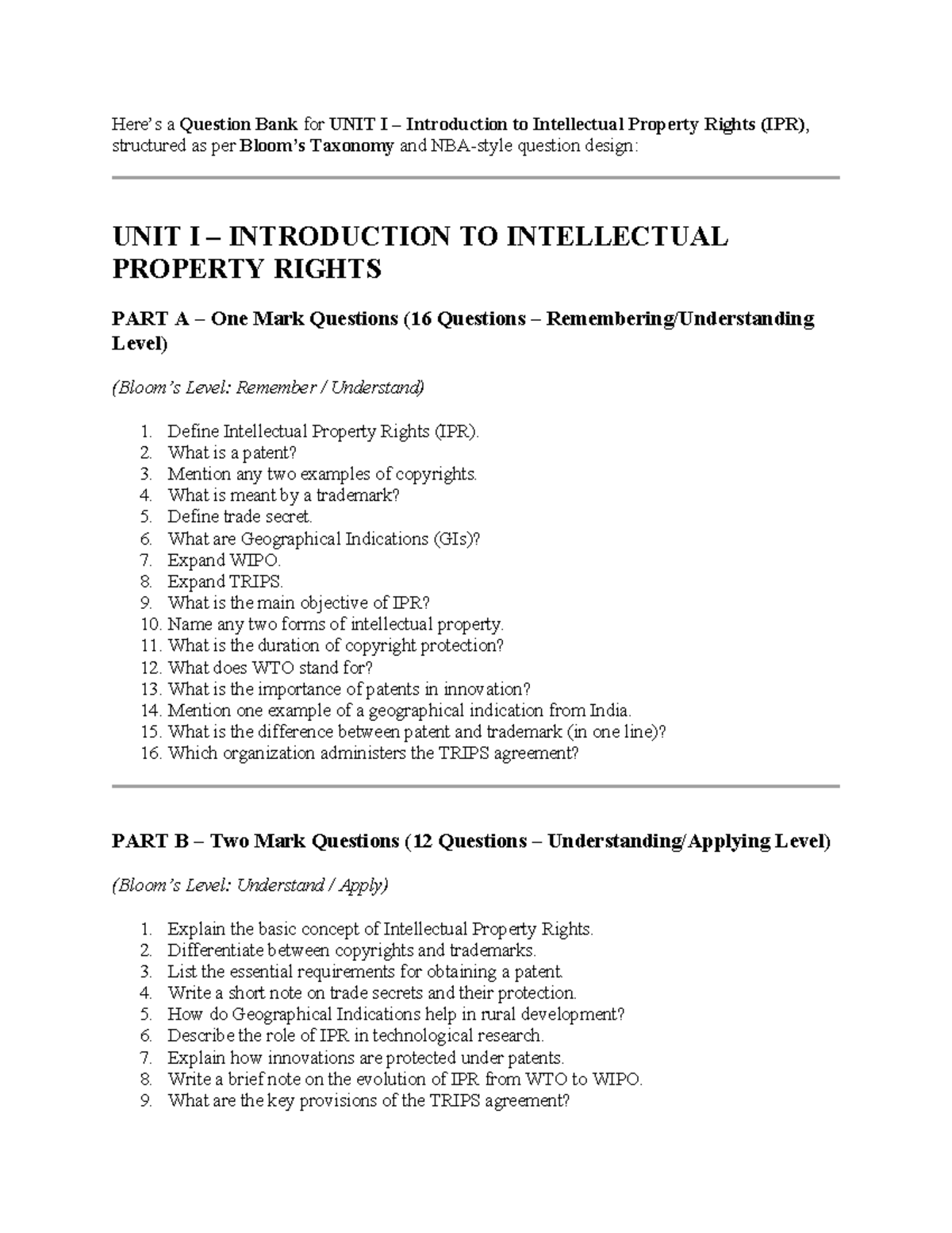 IPR-QB: Comprehensive Question Bank for UNIT I - Introduction to ...