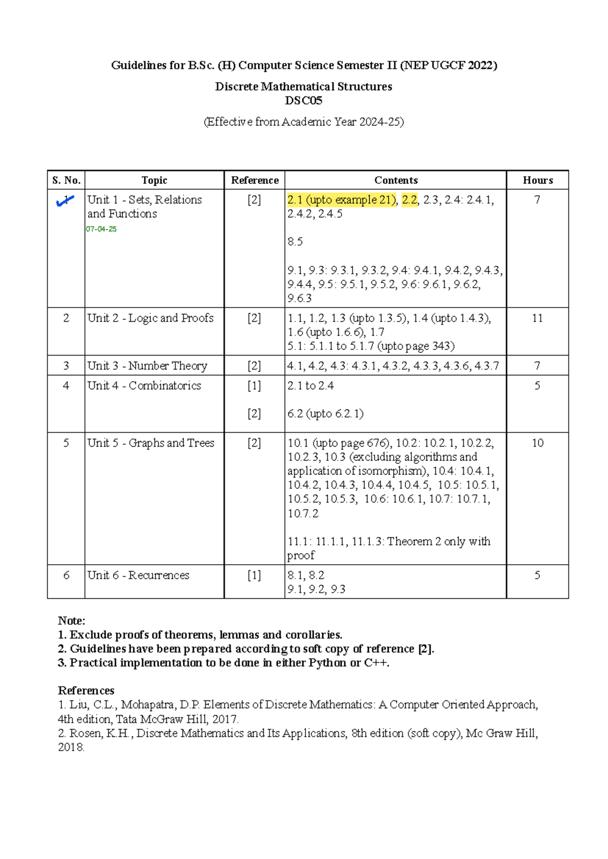Guidelines for B.Sc. (H) CS Sem II DSC05: Discrete Math Structures ...