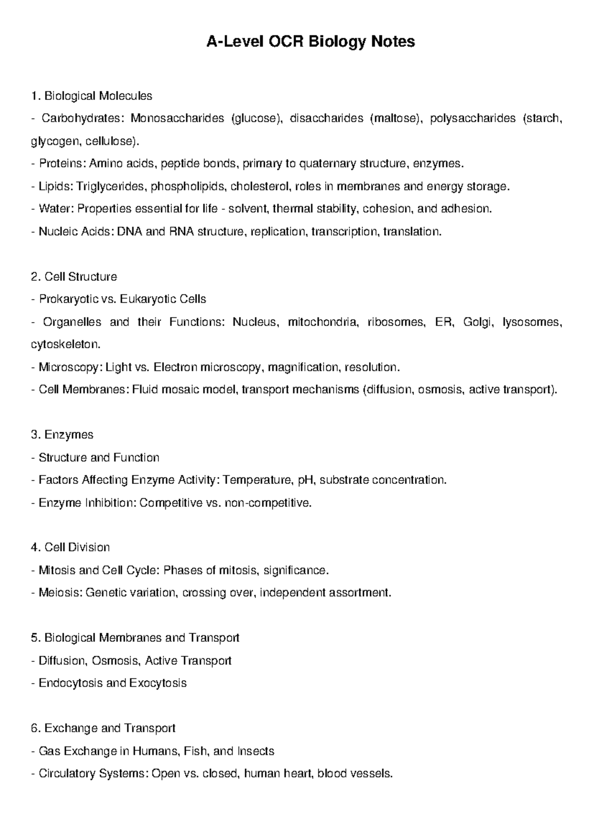 A-Level OCR Biology Notes: Key Concepts & Topic Reviews - Studocu