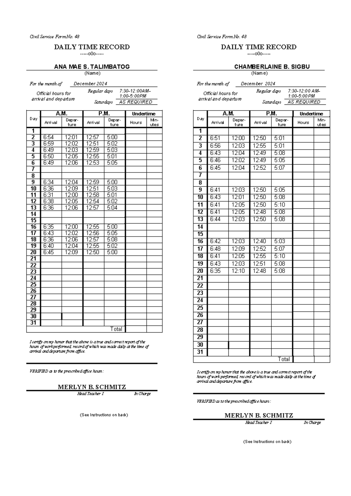 DTR December 2024 - Daily Time Record for Employees - Studocu
