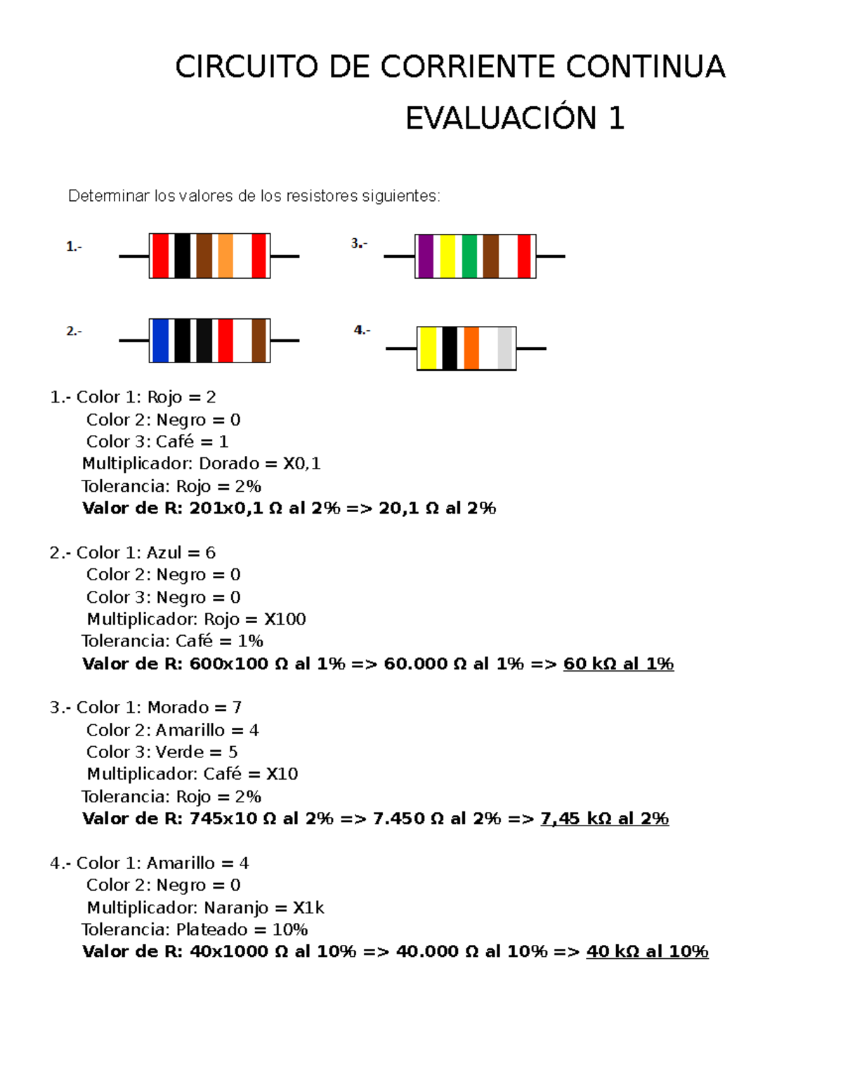 CIRCUITO DE CORRIENTE CONTINUA EVALUACIÓN 1: Cálculo de Resistencias ...