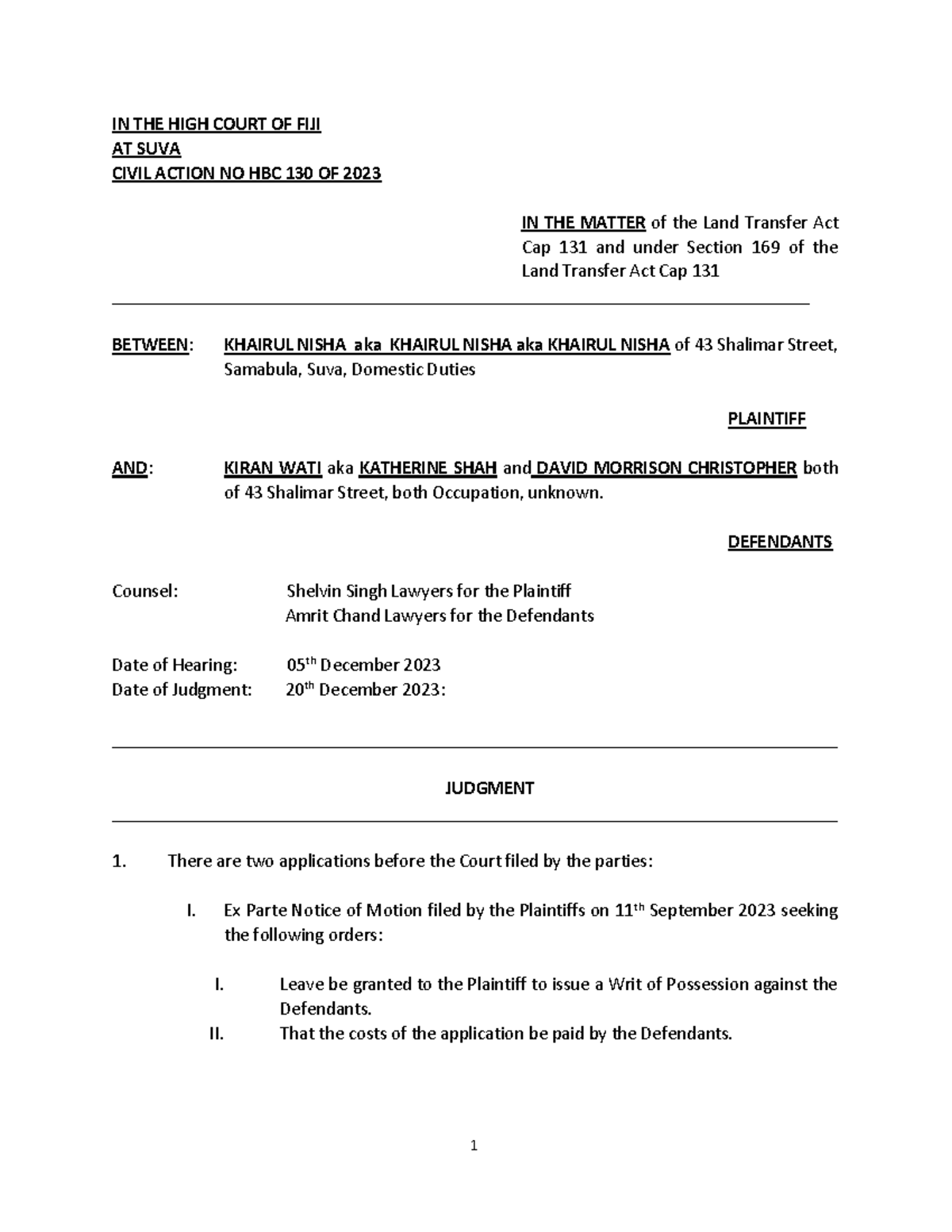 High Court of Fiji Judgment: HBC 130/2023 - Writ of Possession ...