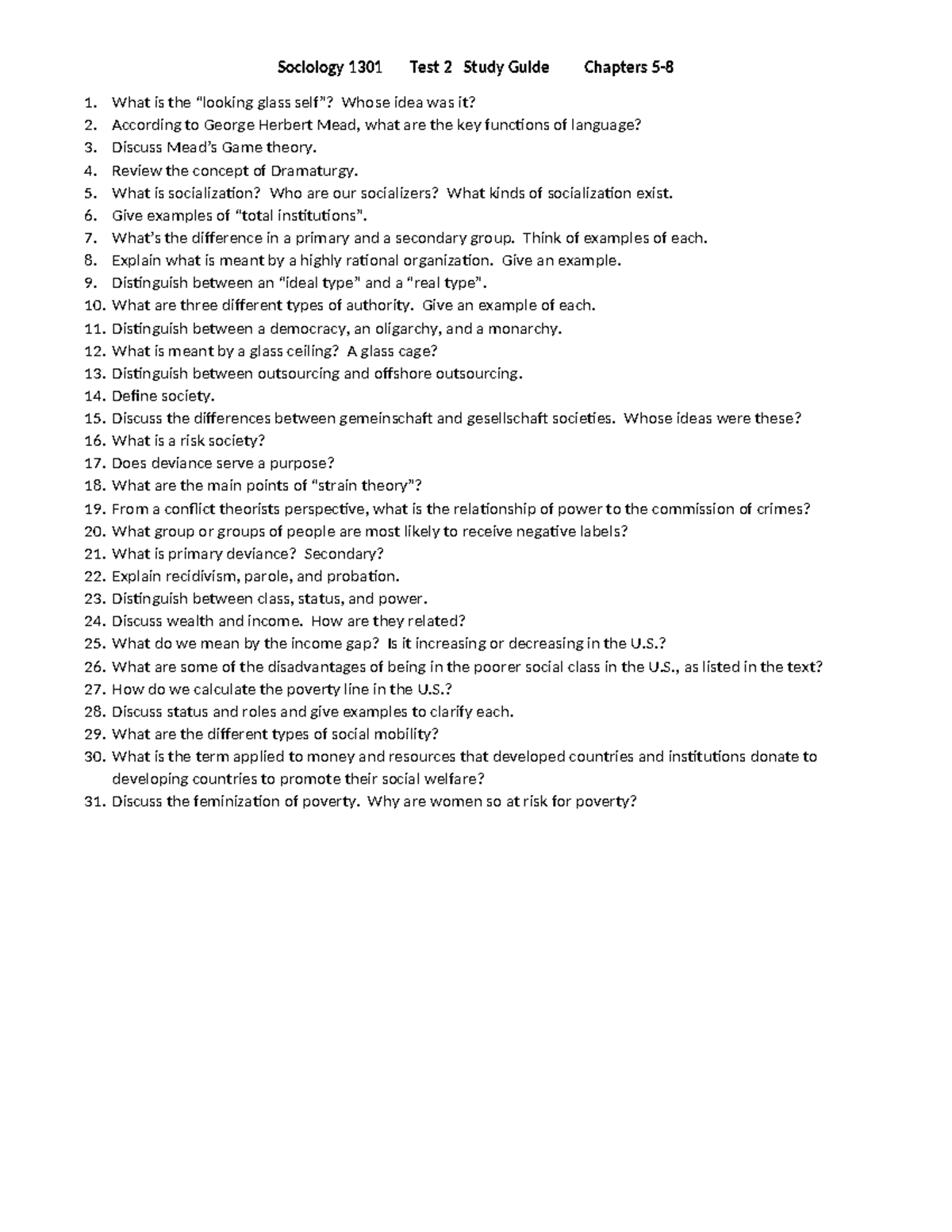 Sociology 1301 Test 2 Study Guide: Key Concepts from Chapters 5-8 - Studocu