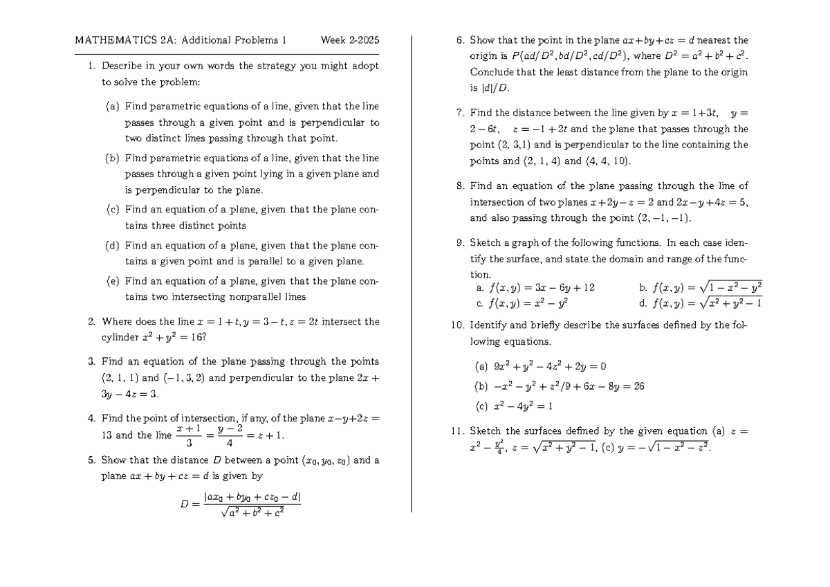 Adpro 1 - practice material - MATHEMATICS 2A: Additional Problems 1 Week 2- Describe in your own ...