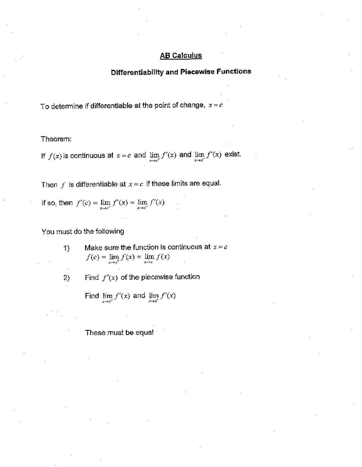 AB Calculus Final Exam: Differentiability & Piecewise Functions - Studocu