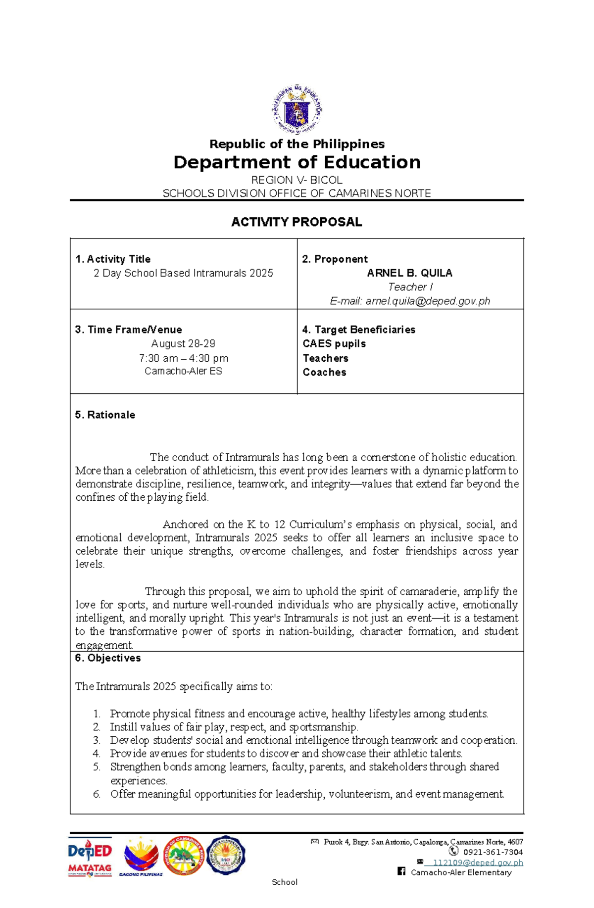 Intramurals 2025 Proposal for CAES Elementary School Activities - Studocu