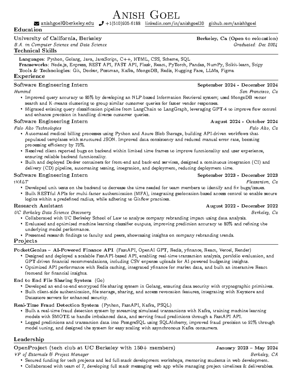 Anish Goel Resume - B.A. in CS & Data Science - UC Berkeley - Studocu