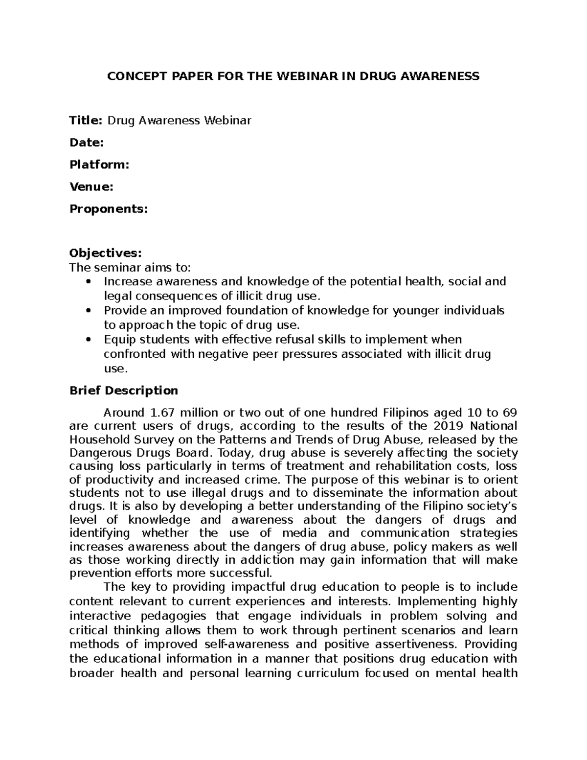 Concept Paper FOR THE Webinar IN DRUG Awareness - CONCEPT PAPER FOR THE ...