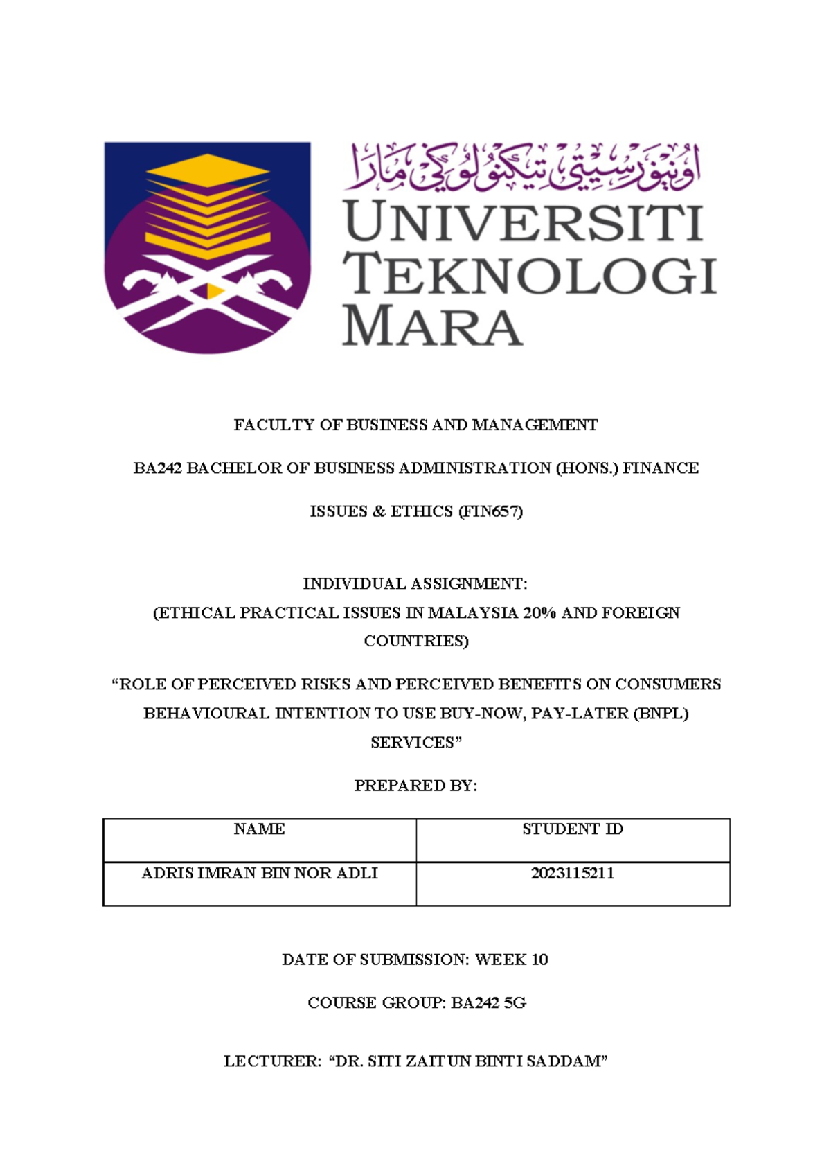 Individual Assignment Report Adris Imran BNPL - FACULTY OF BUSINESS AND ...