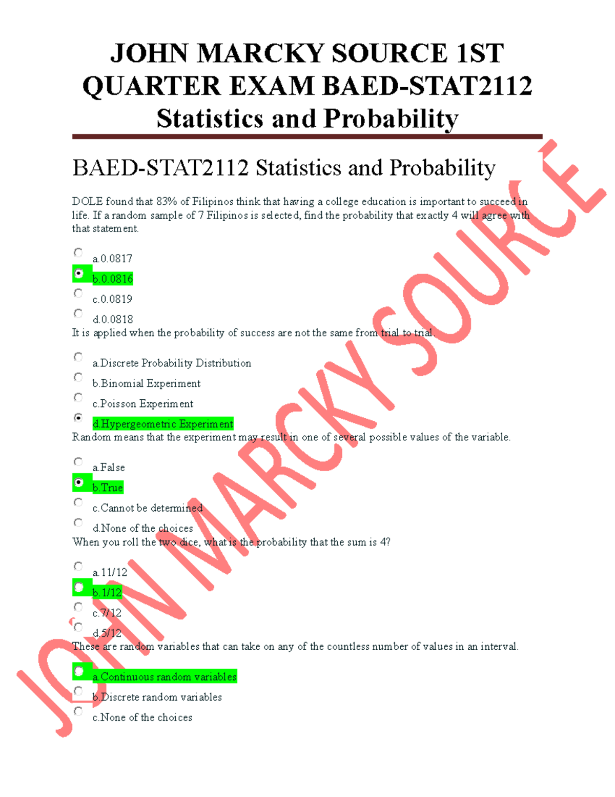 STAT2112 1ST QUARTER EXAM: Statistics and Probability Review - Studocu