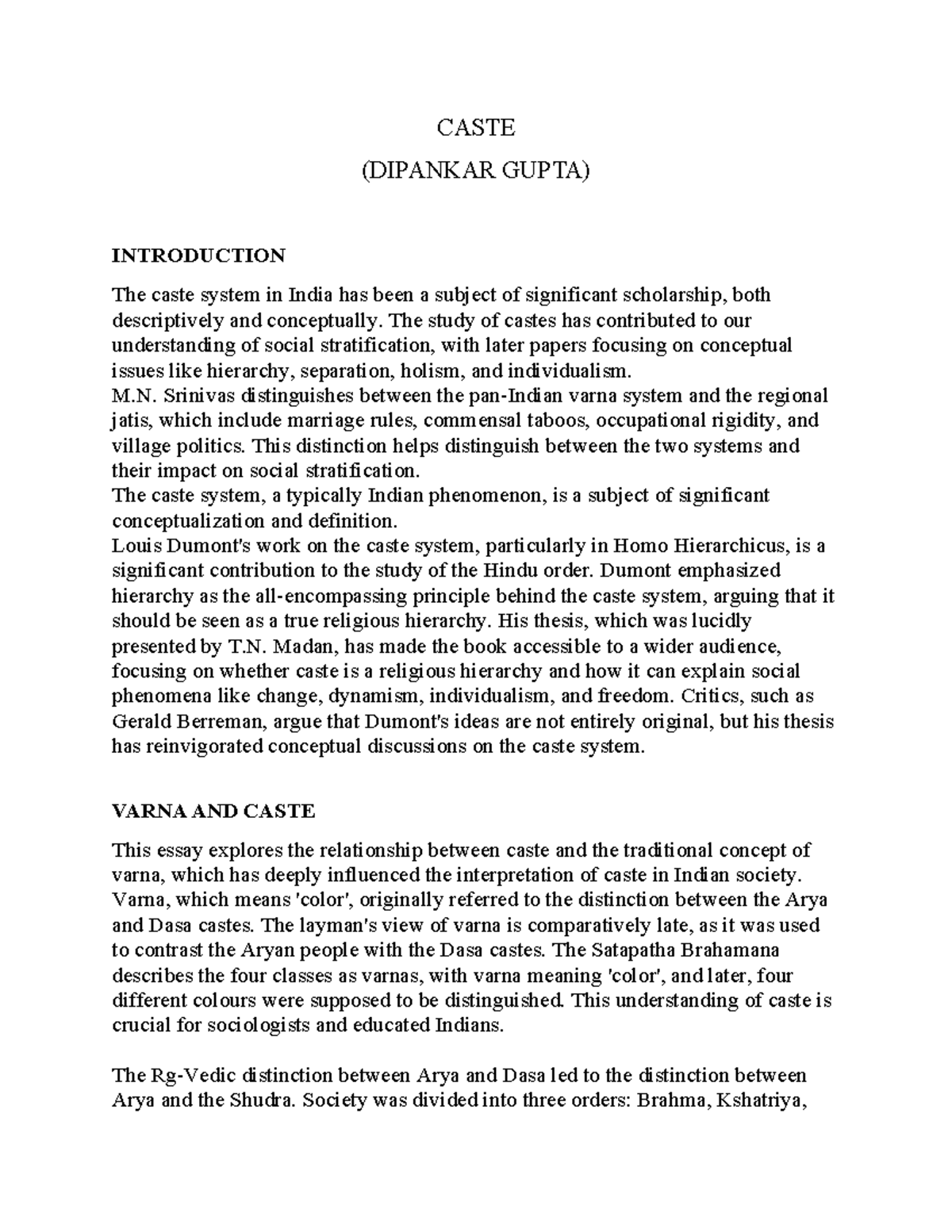 Caste DG - CASTE (DIPANKAR GUPTA) INTRODUCTION The caste system in ...