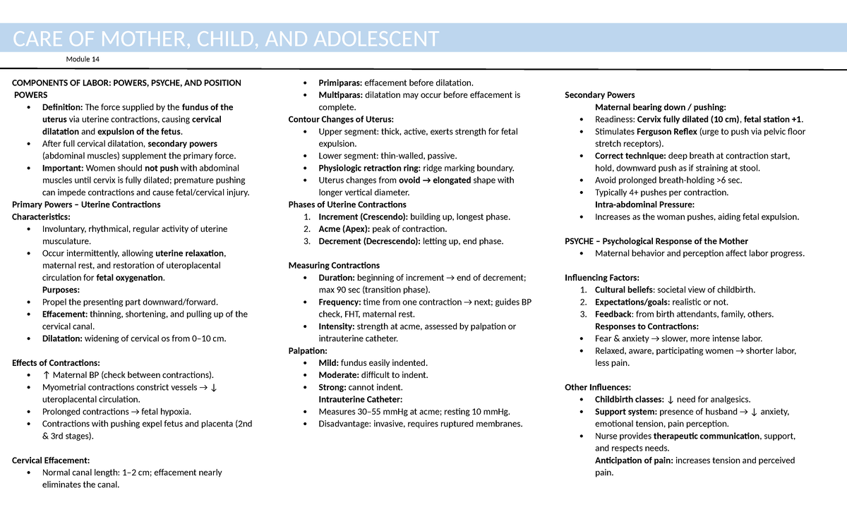 Mod 14 - Components of Labor: Powers, Psyche, and Position - Studocu