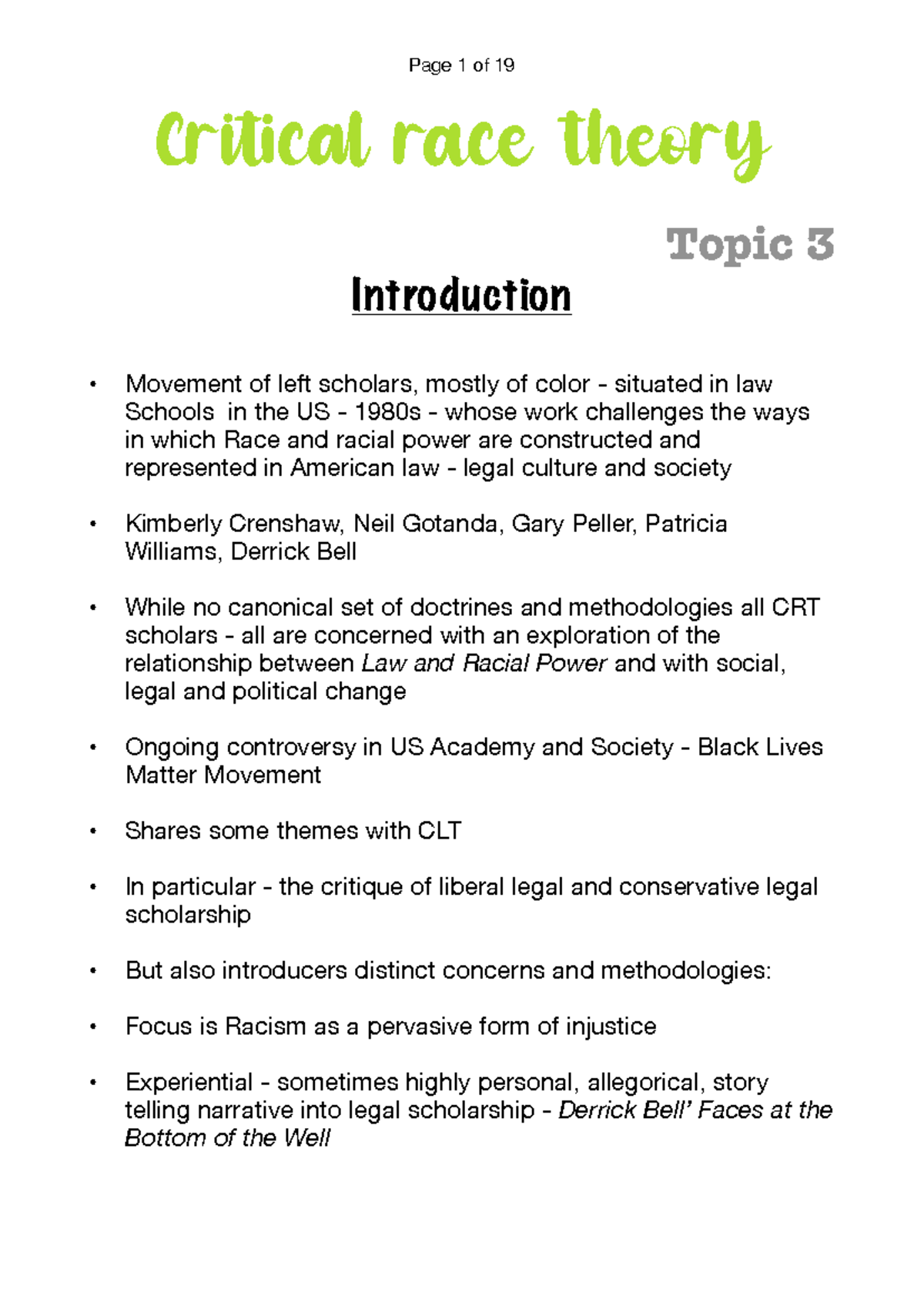 JUR 201: Summary Notes on Critical Race Theory and Liberalism - Studocu