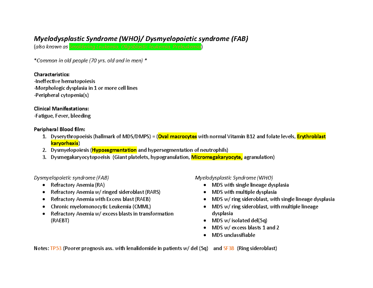 Hematology 1 Notes: Understanding Myelodysplastic Syndromes & Disorders ...