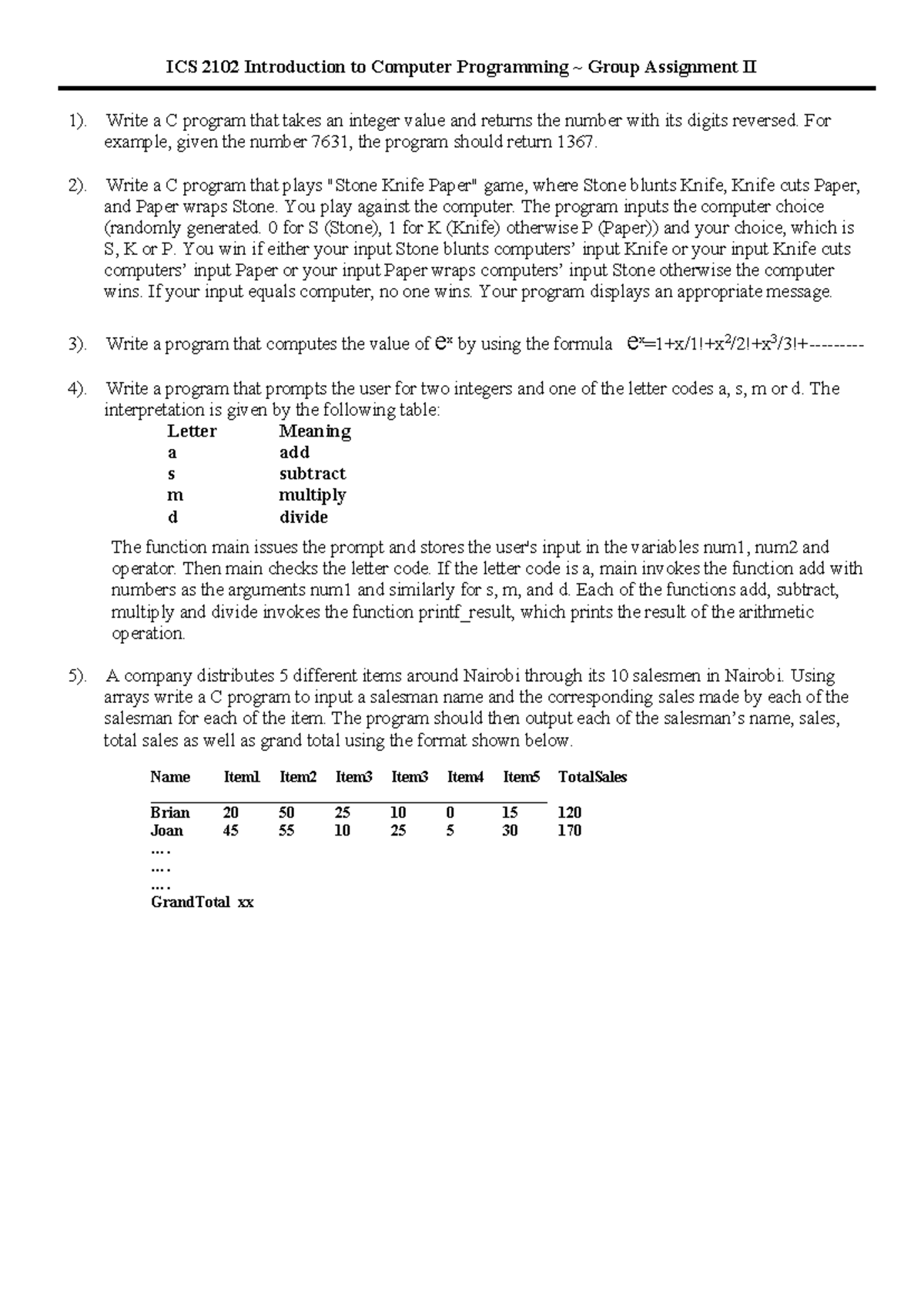 ICS 2102 Assignment II - Introduction to programming - ICS 2102 ...